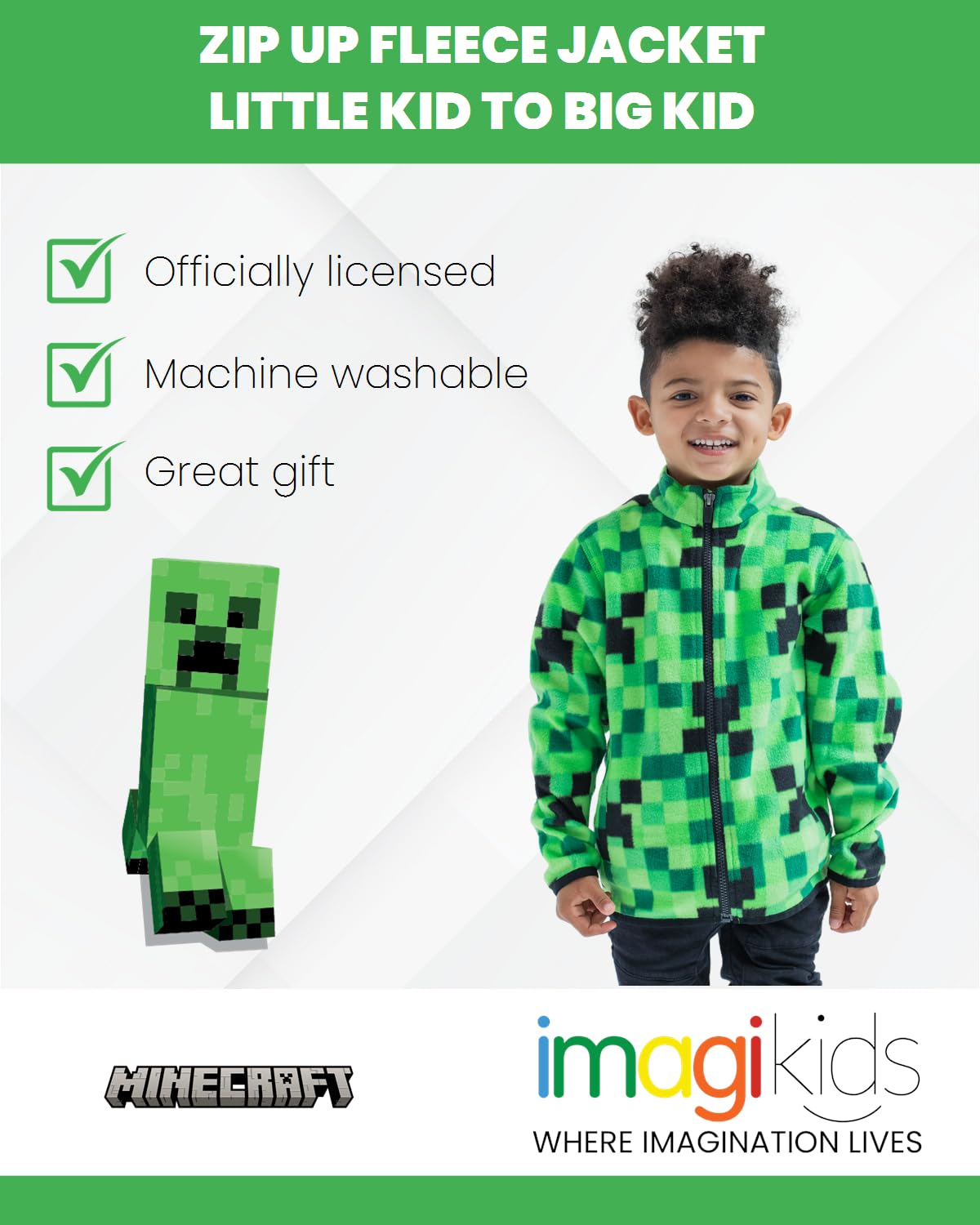 Minecraft Creeper Little Boys Fleece Zip Up Jacket Green 7-8