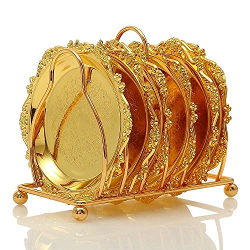 Collection 6 Piece Coaster Creative Drink Coasters with Decorative Rack Non-Slip Metal Cup Mats Tabletop Display with Holder for Bar,Home, Kitchen,Coffee Table Centerpieces Decoration (Golden)