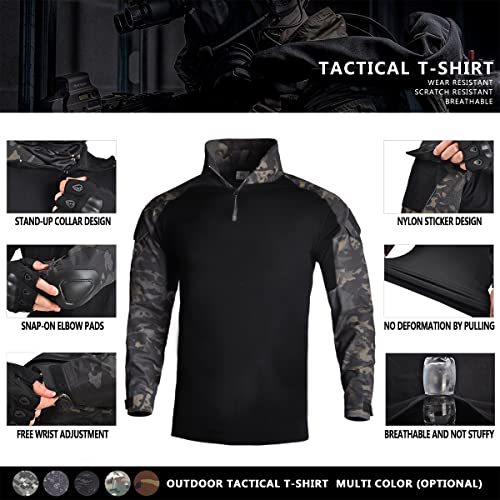 HAN·WILD Men's Tactical Shirt Military Combat Camouflage Long Sleeve Shirts with Elbow Pads Outdoor 1/4 Zip