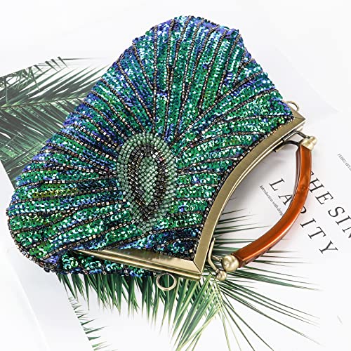 GUOZI Women's Vintage Beaded Sequin Peacock Clutch Purse Handmade Crossbody Evening Bag Handbag For Wedding Party Prom