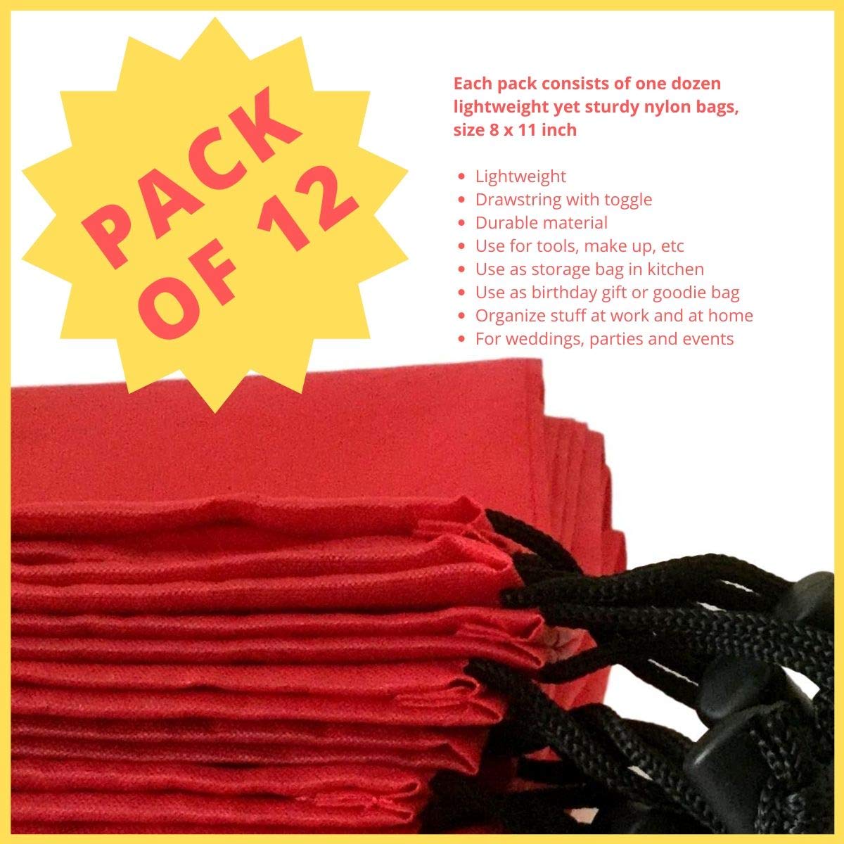 Drawstring Bag - Nylon Cinch and Ditty Stuff Pouch with Toggle (8 x 11-12 pack, Red)