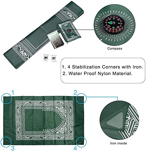 Hitopin Travel Prayer Mat, 60cm*100cm Praying Rug, Portable Polyester Prayer Rug with Compass, Islamic Waterproof Prayer Mat, Muslim Prayer Mat, for Ramadan Gifts, Islamic Prayer (Green)