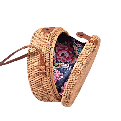 Yunno Handwoven Round Rattan Bag Tropical Beach Style Woven Shoulder Rattan Bag with Leather Strap