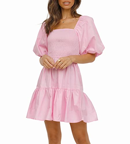 Atizon Women's Summer Smocked Dress Square Neck Puff Sleeve Casual Vintage Off Shoulder A-Line Short Mini Dress