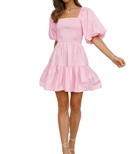 Atizon Women's Summer Smocked Dress Square Neck Puff Sleeve Casual Vintage Off Shoulder A-Line Short Mini Dress