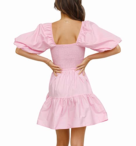 Atizon Women's Summer Smocked Dress Square Neck Puff Sleeve Casual Vintage Off Shoulder A-Line Short Mini Dress