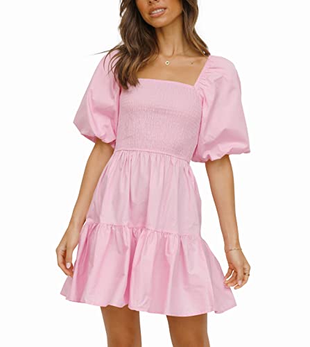 Atizon Women's Summer Smocked Dress Square Neck Puff Sleeve Casual Vintage Off Shoulder A-Line Short Mini Dress