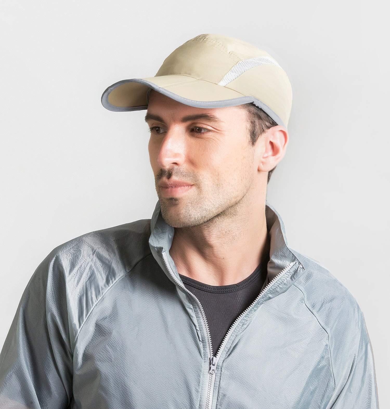Connectyle Foldable Mesh Sun Cap Outdoor Sports Hat Breathable Sun Runner Cap with Reflective Trim Khaki