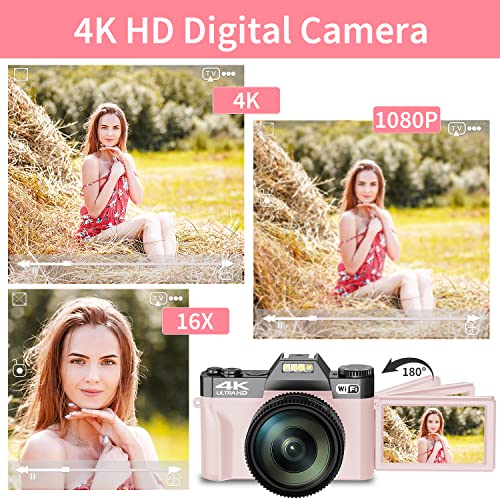 Digital Cameras for Photography, 4K 56MP Vlogging Camera for YouTube with WiFi, Manual Focus, 16X Digital Zoom, 52mm Wide Angle Lens & Macro Lens, 32GB TF Card and 2 Batteries(Pink)