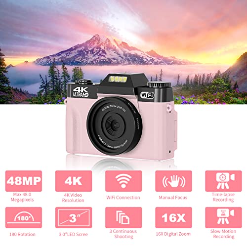 Digital Cameras for Photography, 4K 56MP Vlogging Camera for YouTube with WiFi, Manual Focus, 16X Digital Zoom, 52mm Wide Angle Lens & Macro Lens, 32GB TF Card and 2 Batteries(Pink)