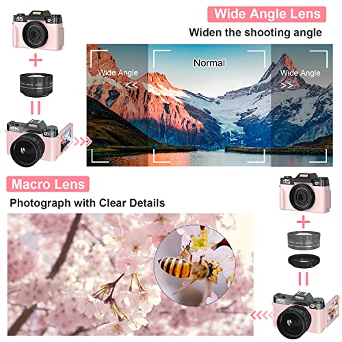 Digital Cameras for Photography, 4K 56MP Vlogging Camera for YouTube with WiFi, Manual Focus, 16X Digital Zoom, 52mm Wide Angle Lens & Macro Lens, 32GB TF Card and 2 Batteries(Pink)
