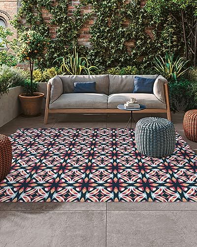 Outdoor Rug 5'x8' for Patio Waterproof Non-Slip Indoor Area Rug for Living Room Rectangle Deck Mat Portable Porch Floor Carpet for Balcony Picnic,Artistic Vintage Flower Lines Texture Orange Rug