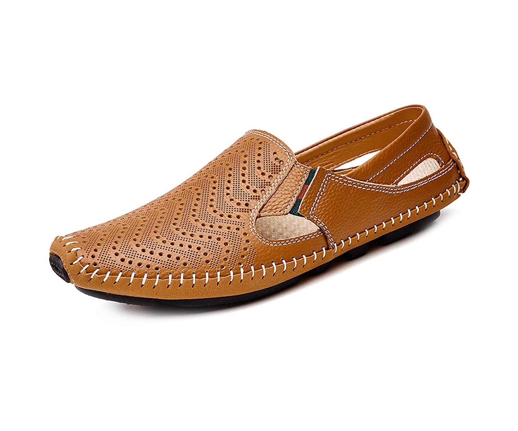 Asifn Mens Leather Driving Loafer Lightweight Slip-on Breathable Walking Boat Shoes Flat Slippers Outdoor Moccasin 9-9.5 Brown
