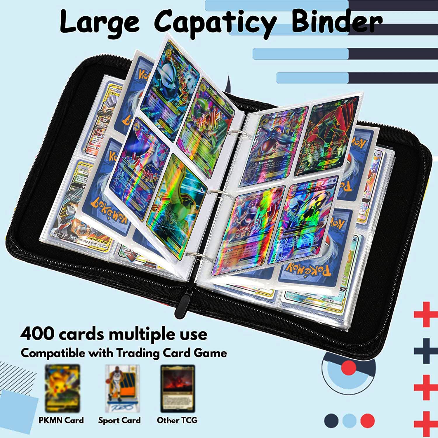 Black Card Binders for Pokamon Cards 4 Pocket, 4-Pocket 400 Pockets Trading Card Games Zipper Holder Collection Binder