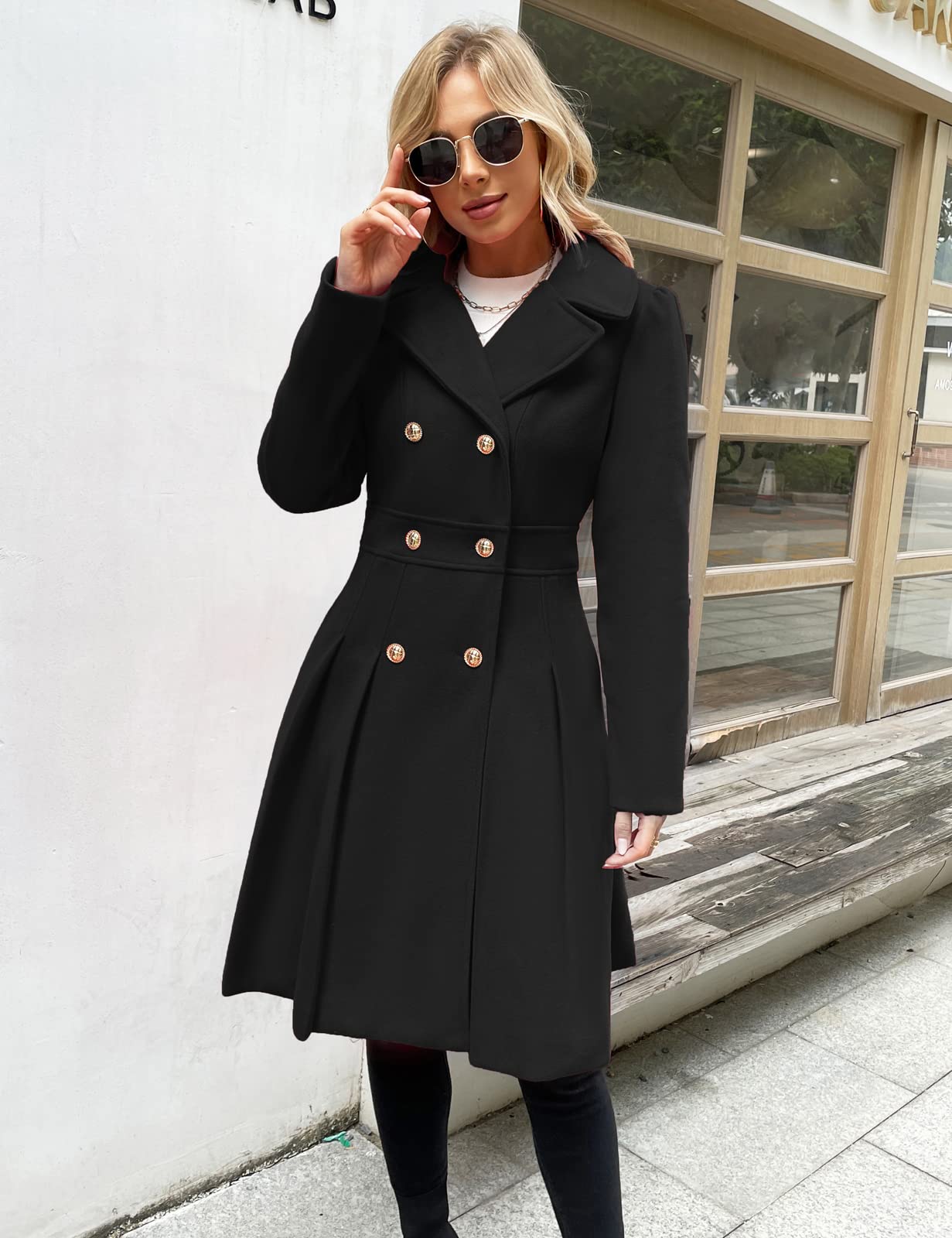 GRACE KARIN Women's Double Breasted Overcoat Pleated A-Line Blends Black Trench Coat M