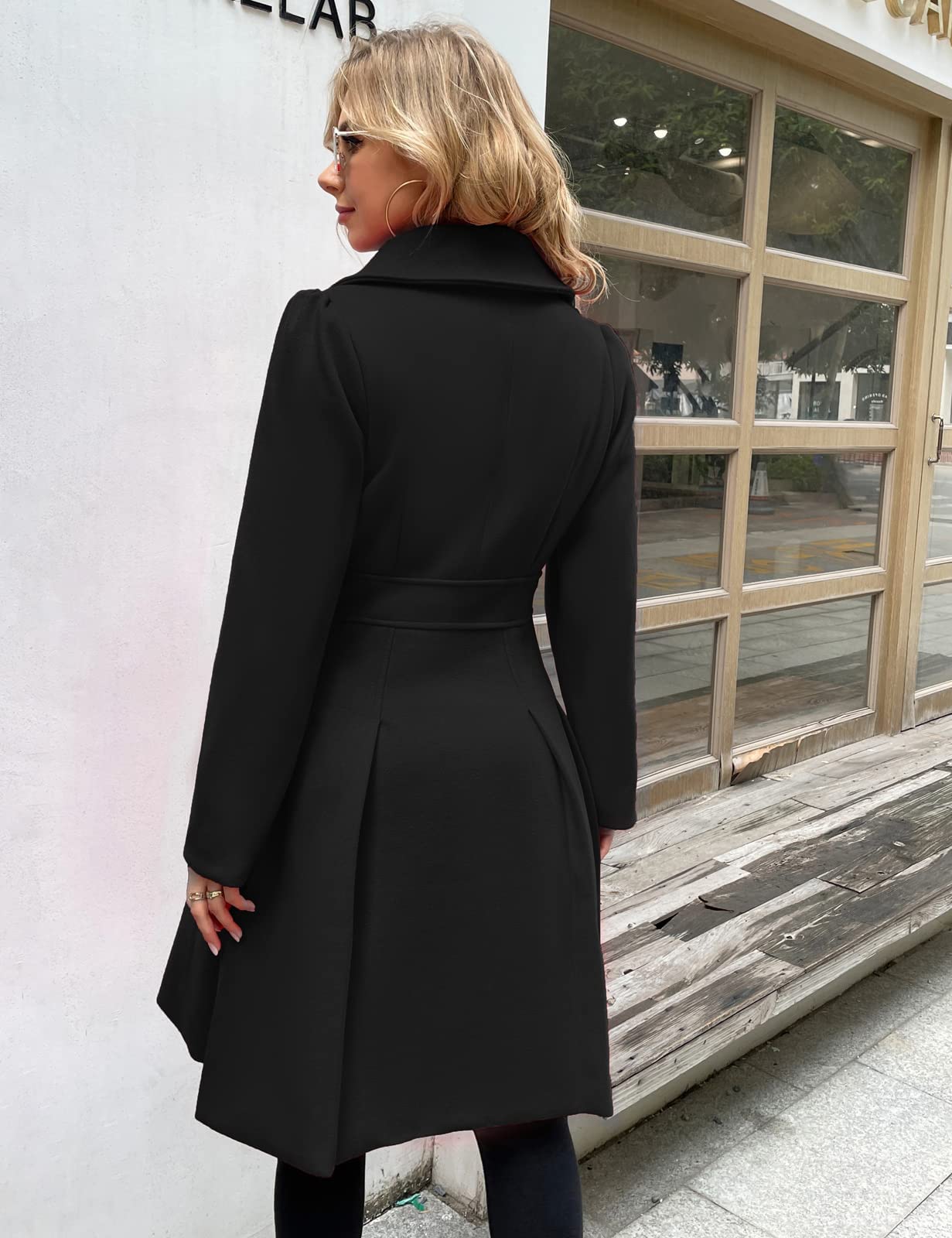 GRACE KARIN Women's Double Breasted Overcoat Pleated A-Line Blends Black Trench Coat M