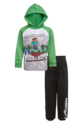 Minecraft Boys 2 Piece Fleece Pants Sets, Pullover Hoodie and Jogger Set for Boys (Green/Grey, Size 4)