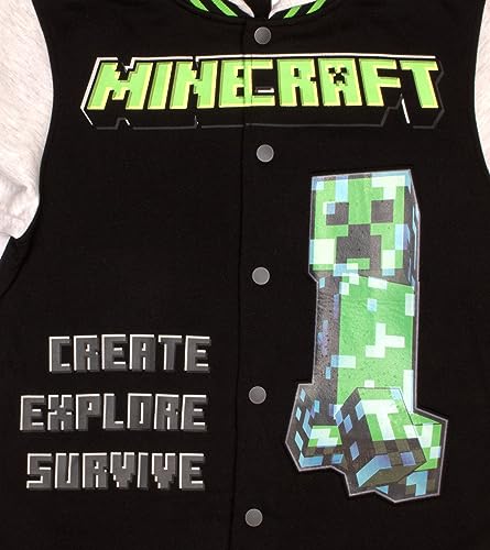 Minecraft Boys Creeper Button-Up Fleece Varsity Jacket for Kids and Toddlers (Size 10/12, Black/Grey)