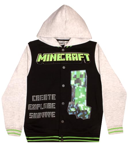 Minecraft Boys Creeper Button-Up Fleece Varsity Jacket for Kids and Toddlers (Size 10/12, Black/Grey)