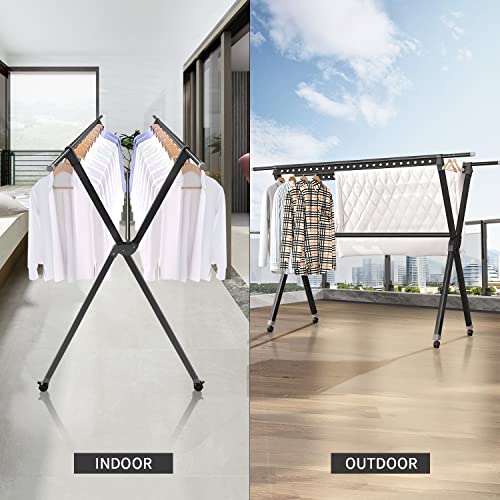 HWAJAN 90 Inches Folding Clothes Drying Rack Indoor Outdoor-Aluminum Collapsible Clothing Drying Racks for Laundry-Heavy Duty Foldable Clothes Dryer Rack with 42 Windproof Hooks,Large,Black