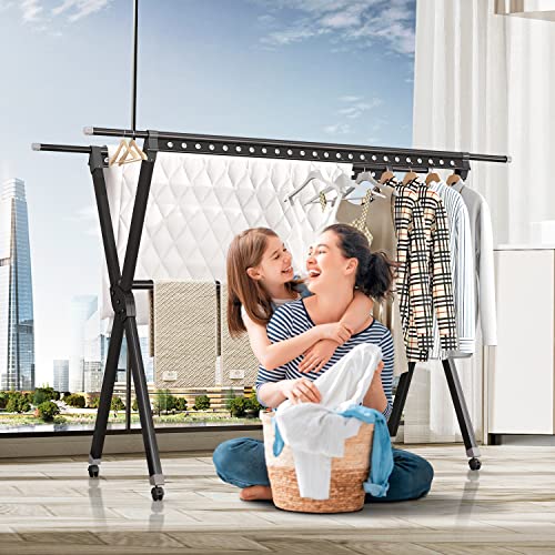 HWAJAN 90 Inches Folding Clothes Drying Rack Indoor Outdoor-Aluminum Collapsible Clothing Drying Racks for Laundry-Heavy Duty Foldable Clothes Dryer Rack with 42 Windproof Hooks,Large,Black