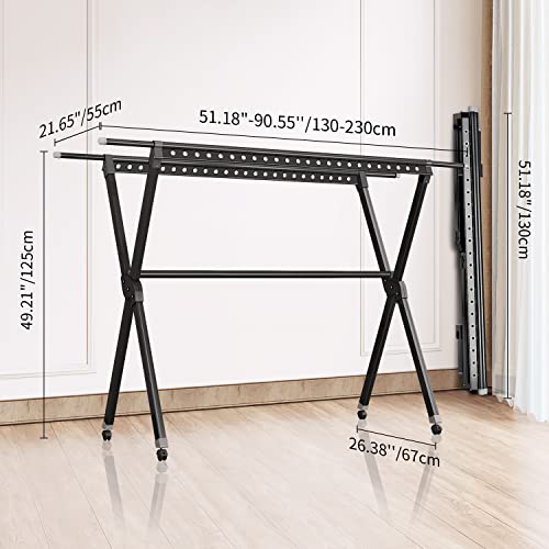 HWAJAN 90 Inches Folding Clothes Drying Rack Indoor Outdoor-Aluminum Collapsible Clothing Drying Racks for Laundry-Heavy Duty Foldable Clothes Dryer Rack with 42 Windproof Hooks,Large,Black