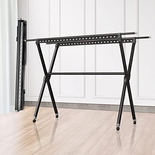 HWAJAN 90 Inches Folding Clothes Drying Rack Indoor Outdoor-Aluminum Collapsible Clothing Drying Racks for Laundry-Heavy Duty Foldable Clothes Dryer Rack with 42 Windproof Hooks,Large,Black