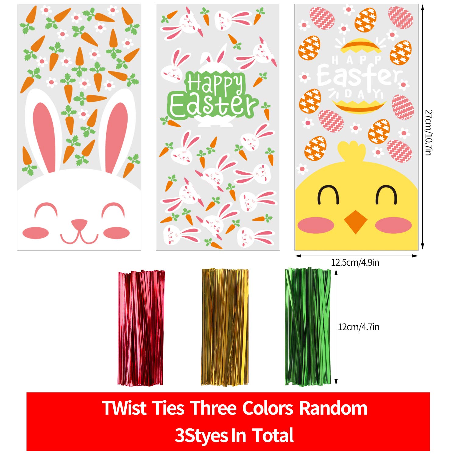 VEYLIN 120Pcs Easter Cellophane Goodie Bags, Plastic Easter Treat Bags Candy Cookie Bags with 150pcs Twist Ties 5β x 11β
