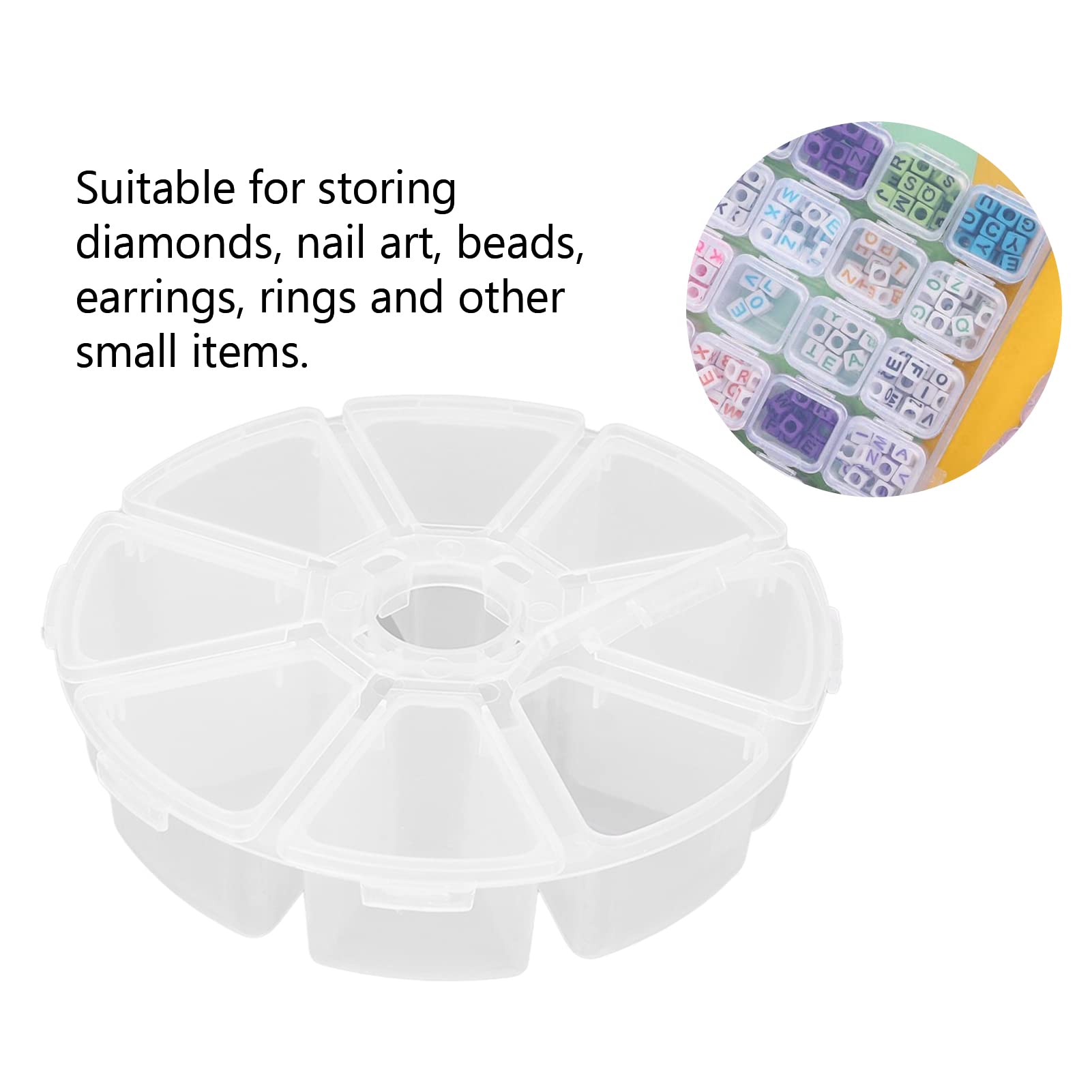 8 Grids Round Clear Plastic Box, Divider Storage Container for Beads Jewelry DIY Crafts Nail Art Items