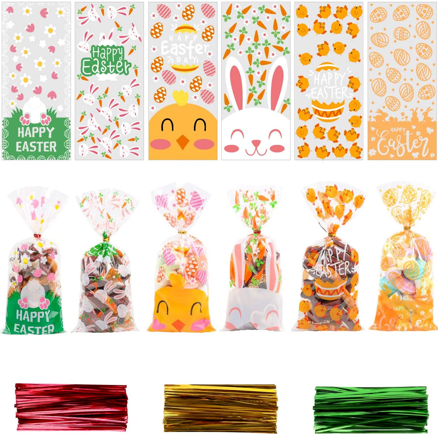 VEYLIN 120Pcs Easter Cellophane Goodie Bags, Plastic Easter Treat Bags Candy Cookie Bags with 150pcs Twist Ties 5β x 11β