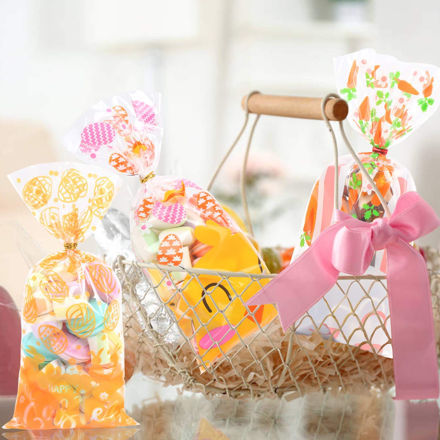 VEYLIN 120Pcs Easter Cellophane Goodie Bags, Plastic Easter Treat Bags Candy Cookie Bags with 150pcs Twist Ties 5β x 11β