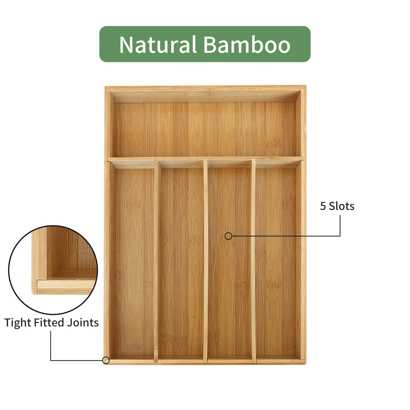 ZROOY Kitchen Bamboo Drawer Organizer Utensils Tray Organizer, Small Silverware Organizer with 5 Compartments for Spoons Forks Knives
