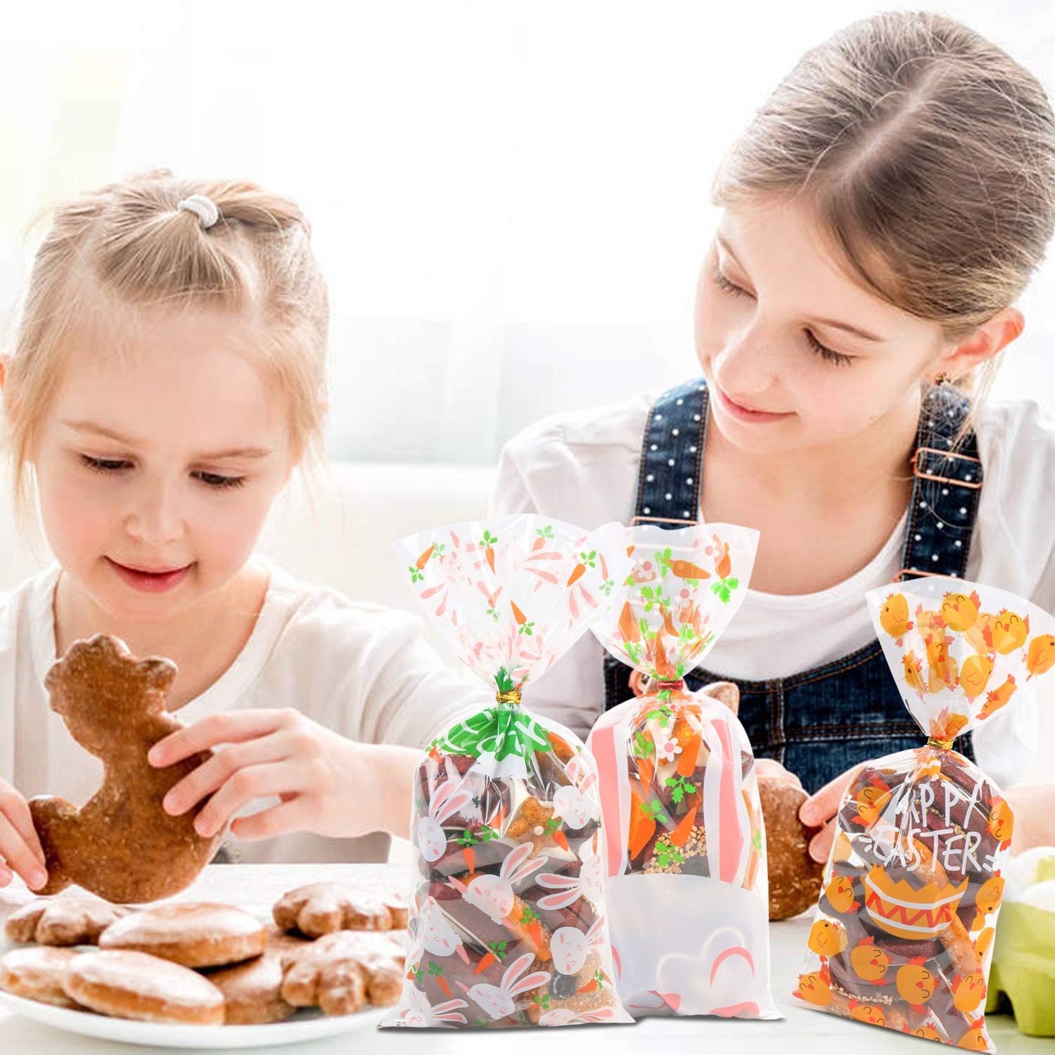 VEYLIN 120Pcs Easter Cellophane Goodie Bags, Plastic Easter Treat Bags Candy Cookie Bags with 150pcs Twist Ties 5β x 11β