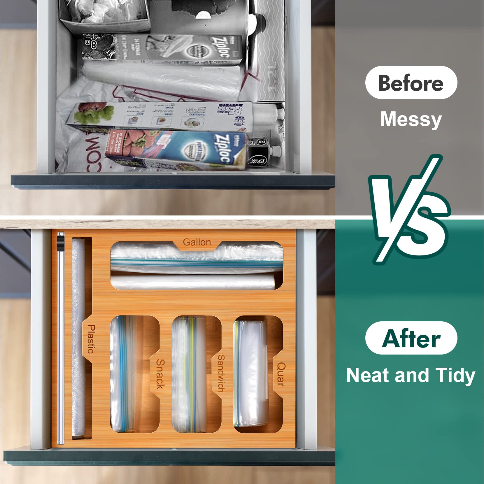 5 in 1 Plastic Wrap Dispenser with Cutter, Kitchen Drawer Storage Dispenser Suitable for Plastic Wrap,Aluminum Foil and Parchment Paper ,Bamboo Roll Organizer Holder, Compatible with 14" Roll