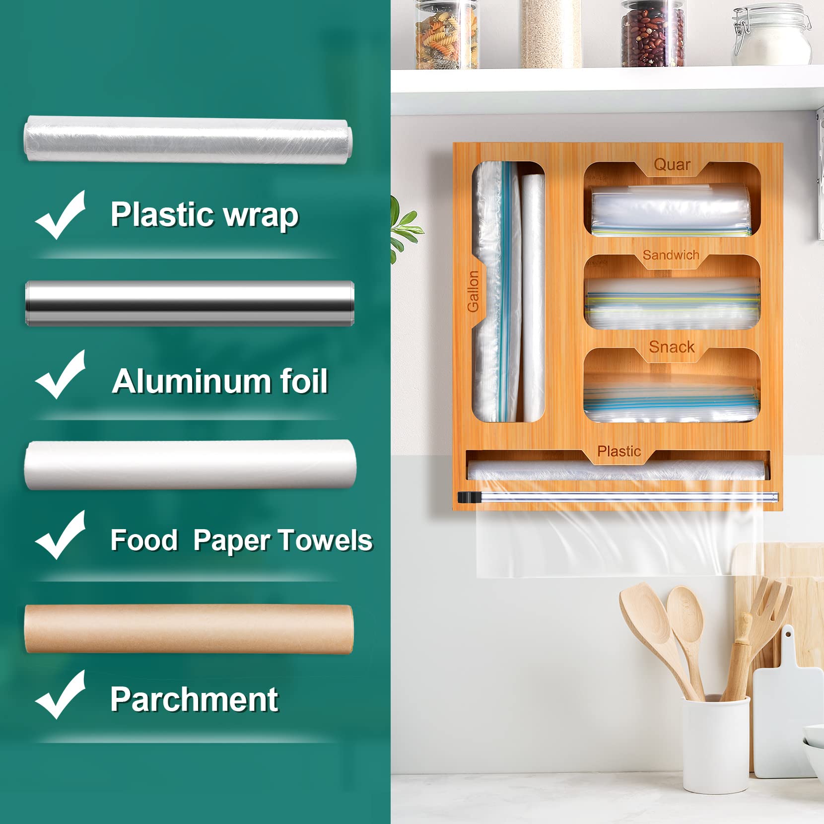 5 in 1 Plastic Wrap Dispenser with Cutter, Kitchen Drawer Storage Dispenser Suitable for Plastic Wrap,Aluminum Foil and Parchment Paper ,Bamboo Roll Organizer Holder, Compatible with 14" Roll