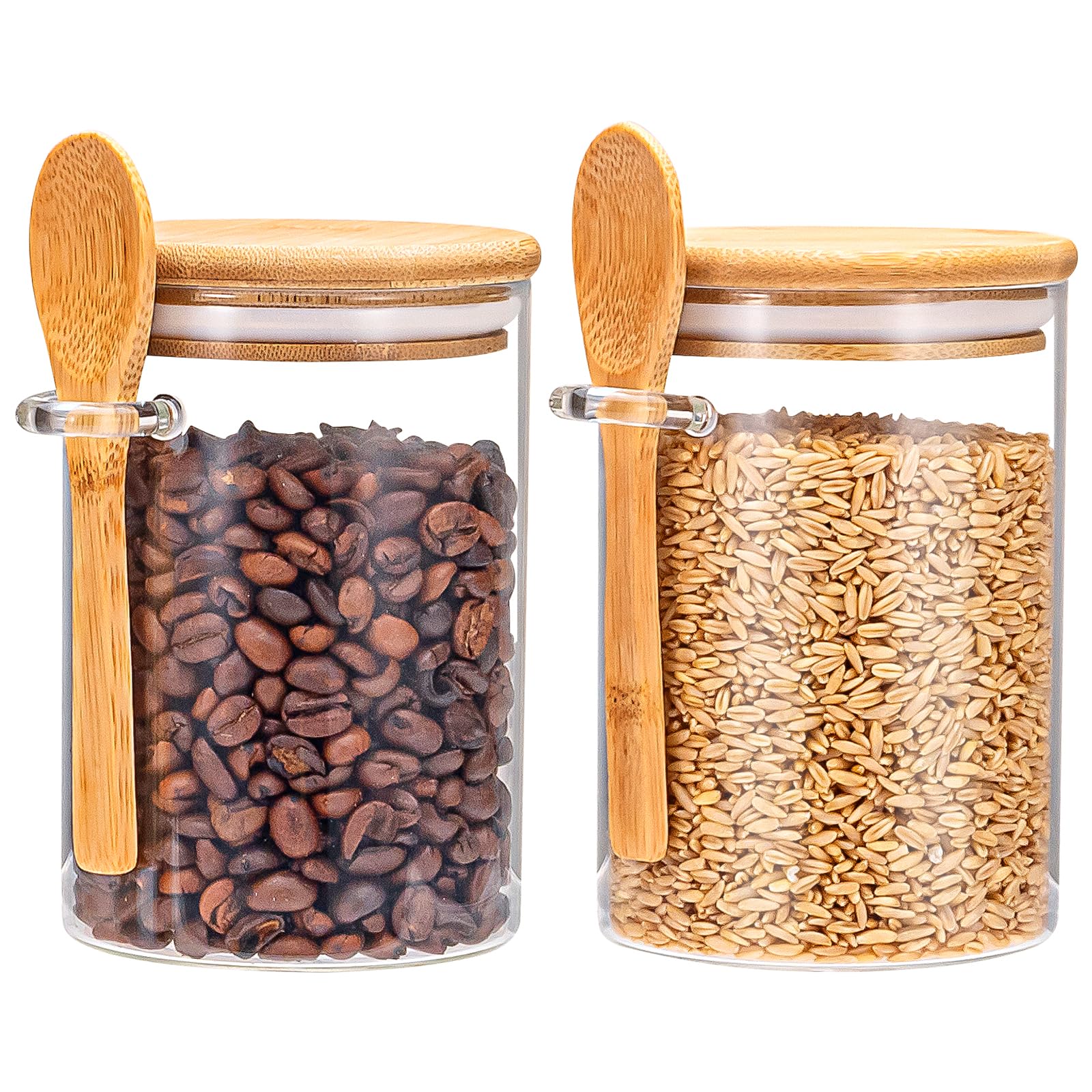 Airtight Food Storage Containers, Glass Storage Canister with Wooden Spoon and Lids ,15OZ Glass Jars with Lids,Glass Jar for Serving Bath Salt Sugar Spice Coffee Tea Cereals Condiment Food (1 set)