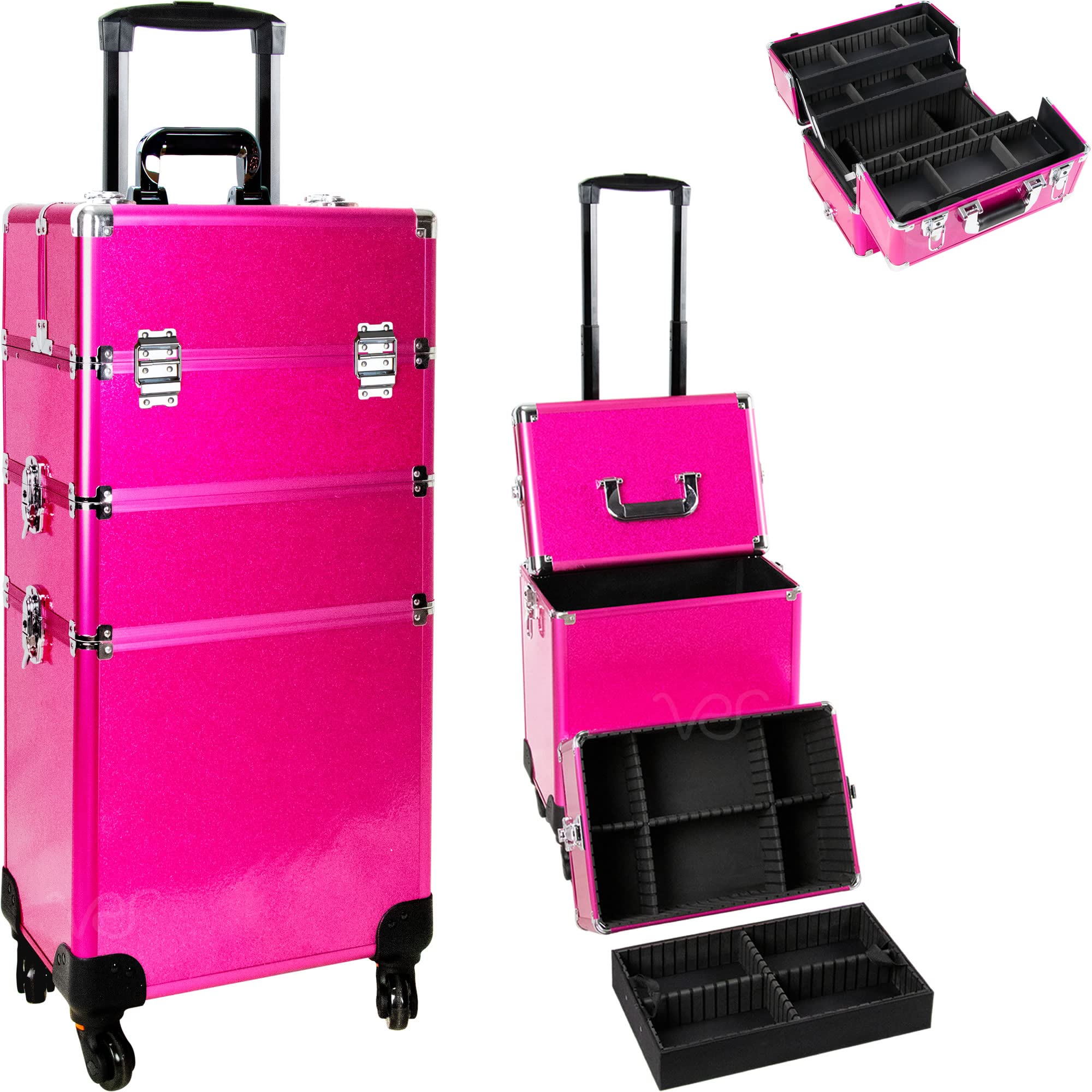 Ver Beauty 4 Wheels Removable Rolling Art Craft Tool Case Storage Organizer Travel Adjustable Dividers – VT003, Magenta Glitter