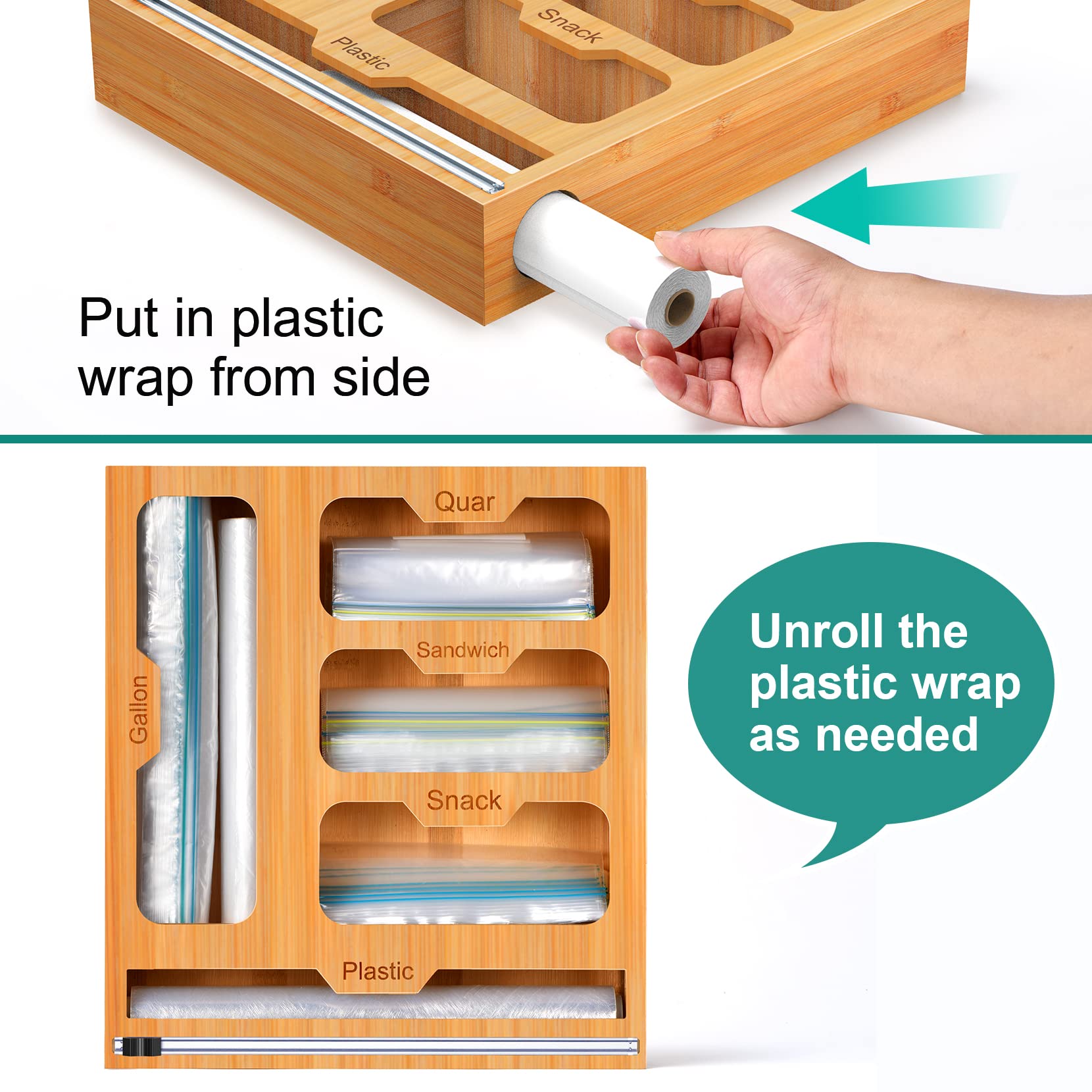 5 in 1 Plastic Wrap Dispenser with Cutter, Kitchen Drawer Storage Dispenser Suitable for Plastic Wrap,Aluminum Foil and Parchment Paper ,Bamboo Roll Organizer Holder, Compatible with 14" Roll