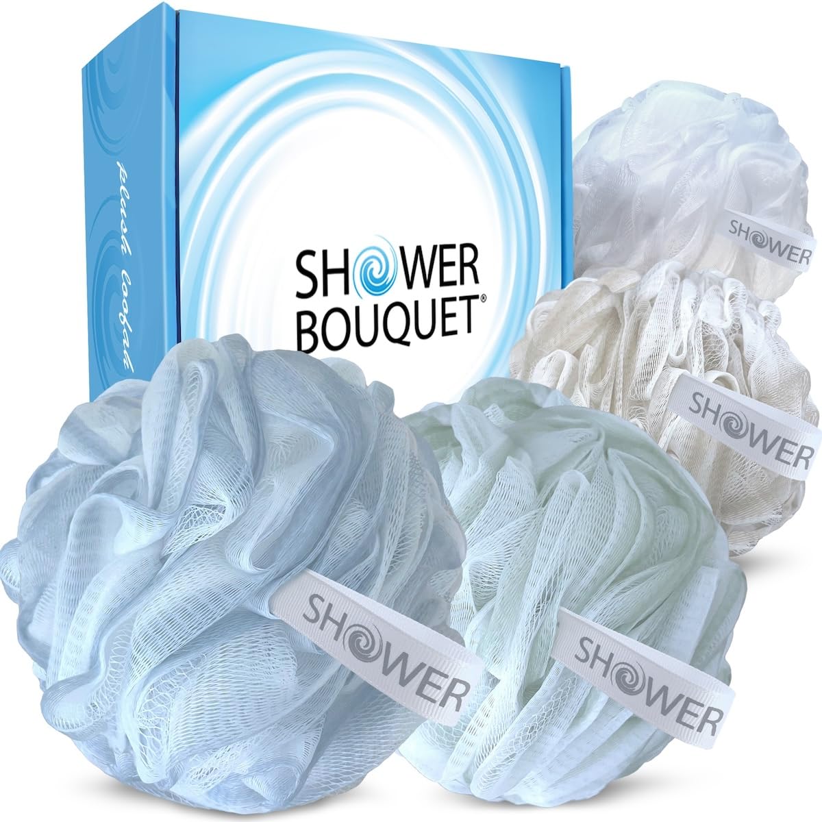 Loofah-Bath-Sponge XL-75g-Soft-Set by Shower Bouquet: 4-Pack-Pastel-Colors - Extra-Large Mesh Pouf Scrubber for Men and Women - Exfoliate with Big Lathering Cleanse