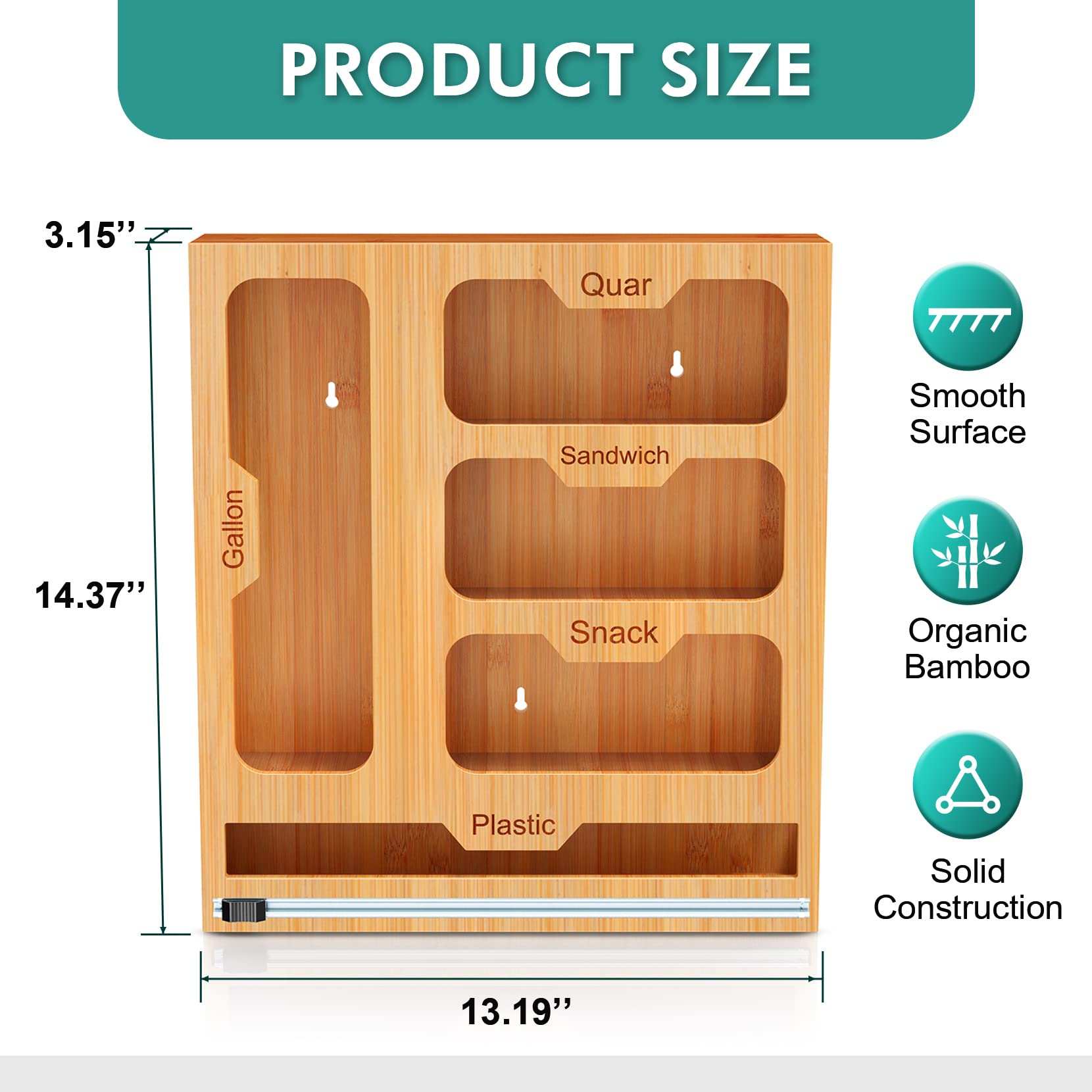 5 in 1 Plastic Wrap Dispenser with Cutter, Kitchen Drawer Storage Dispenser Suitable for Plastic Wrap,Aluminum Foil and Parchment Paper ,Bamboo Roll Organizer Holder, Compatible with 14" Roll