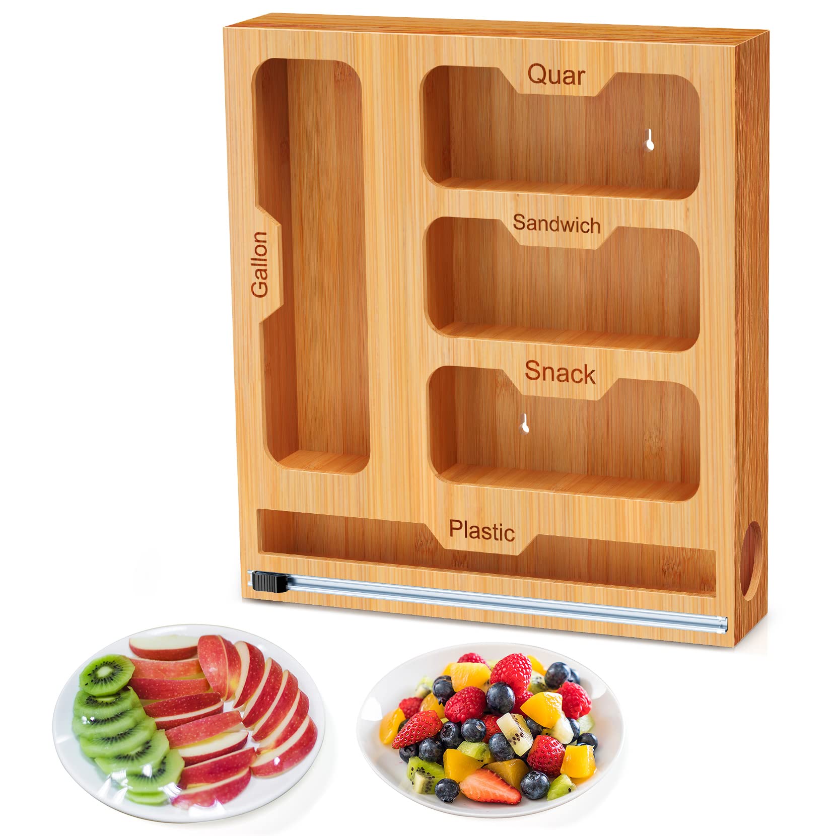 5 in 1 Plastic Wrap Dispenser with Cutter, Kitchen Drawer Storage Dispenser Suitable for Plastic Wrap,Aluminum Foil and Parchment Paper ,Bamboo Roll Organizer Holder, Compatible with 14" Roll