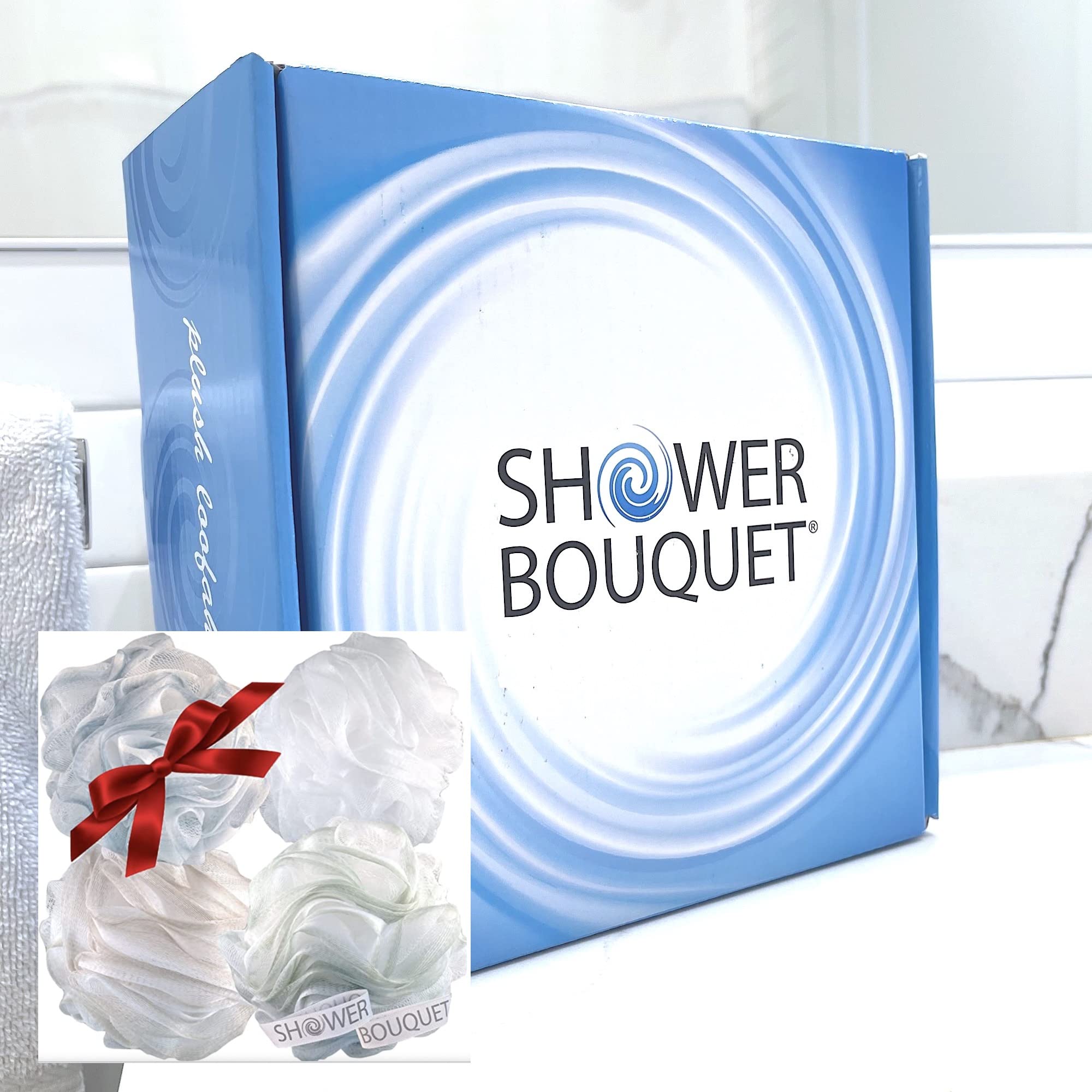 Loofah-Bath-Sponge XL-75g-Soft-Set by Shower Bouquet: 4-Pack-Pastel-Colors - Extra-Large Mesh Pouf Scrubber for Men and Women - Exfoliate with Big Lathering Cleanse