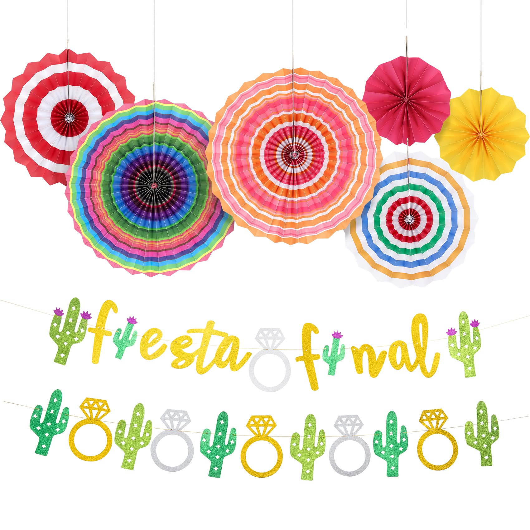 Ecore Fun Bachelorette Decorations Fiesta Banner Mexican Fiesta Theme Party Decor Bachelorette Party Decor Supplies, include Fiesta Banner, Glittery Cactus Diamond Pattern Garland, Colorful Fiesta Paper Fans