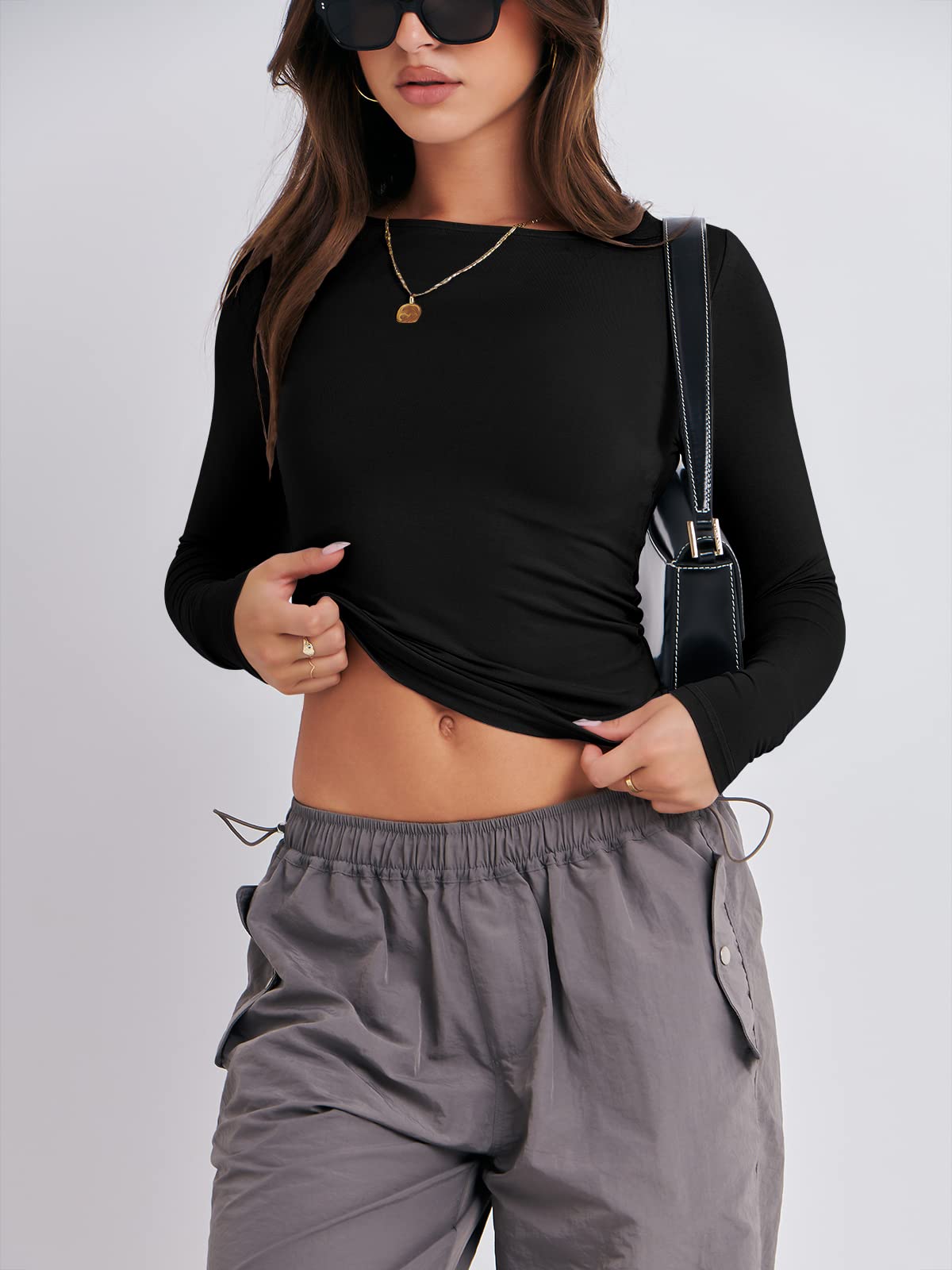 ANRABESS Women’s Long Sleeve Shirts Tight Fitted Going Out Crop Tops Crewneck Basic Tee Y2k Outfits Teens Girls Clothes Black L