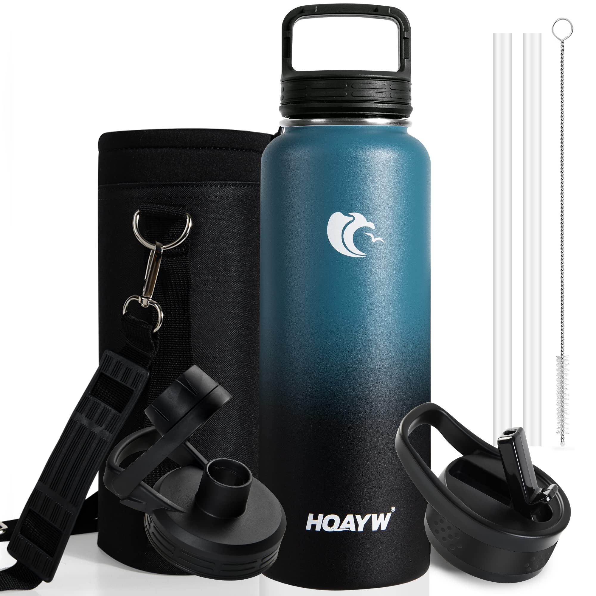 HQAYW Water Bottle Insulated 40oz, Stainless Steel Water Bottle with Straw Leak Proof, Wide Mouth Water Bottles for Sports, Double Wall Vacuum Water Bottle with Sleeve for Running GYM, Horizon