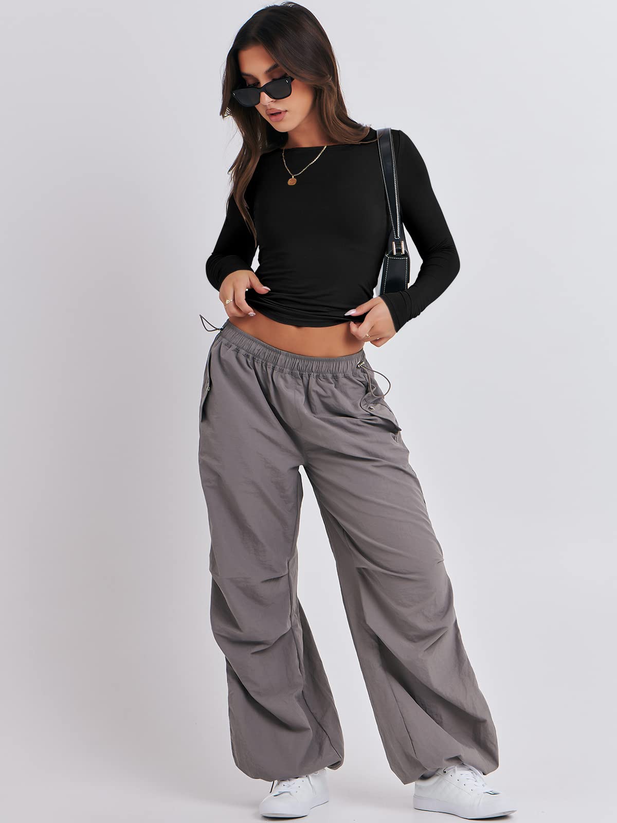 ANRABESS Women’s Long Sleeve Shirts Tight Fitted Going Out Crop Tops Crewneck Basic Tee Y2k Outfits Teens Girls Clothes Black L