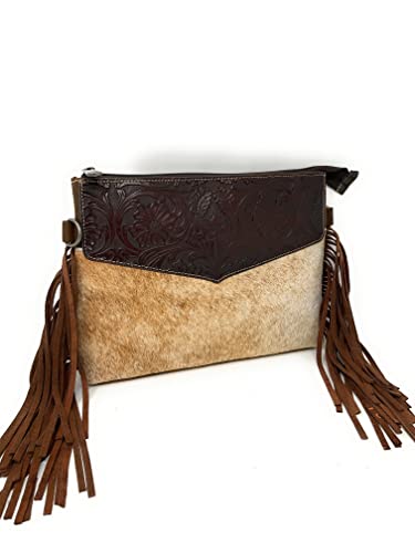 Texas West Handcrafted Genuine Leather Western Cowhide Womens Fringe Clutch Crossbody Bag in 2 Colors (Coffee)