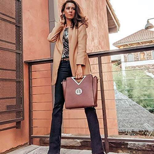 Women Handbag Cut Out Triangle Top Handle Bag Large Fashion Tote Satchel Work Purse (7464 Dark Purple + Matching Wallet)