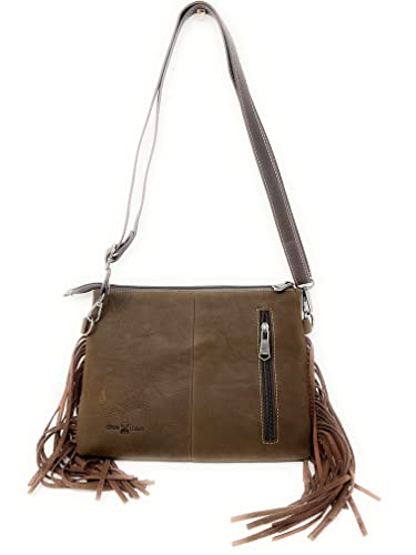 Texas West Handcrafted Genuine Leather Western Cowhide Womens Fringe Clutch Crossbody Bag in 2 Colors (Coffee)