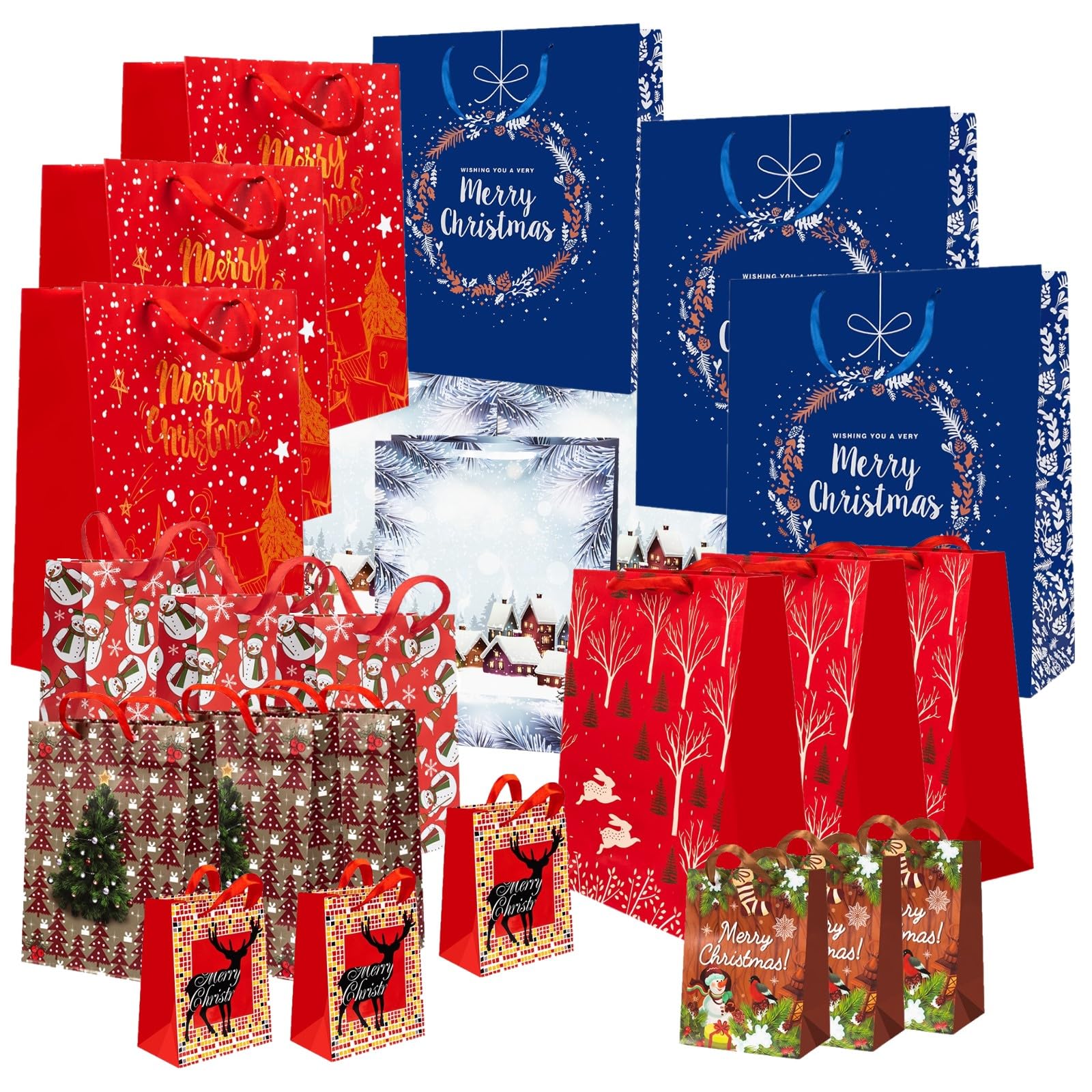 Novnsoi 24 PCS Gift Bags for Wrapping Holiday Gifts, Recyclable Festival Bags with Snowman, Reindeer, Christmas Bell/Tree, Snowflake, Gin Design - Bulk Set,6 X-L,6 Large,6 Medium,6 Small